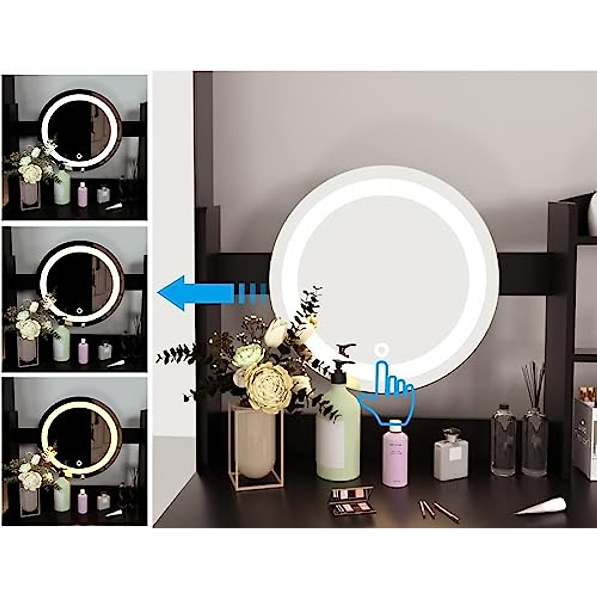 XVURO Vanity Desk with 3-Color Adjustable Touch Light,Wooden Mass Storage Makeup Vanity Mirror with 6 Drawers for Women Girls Black