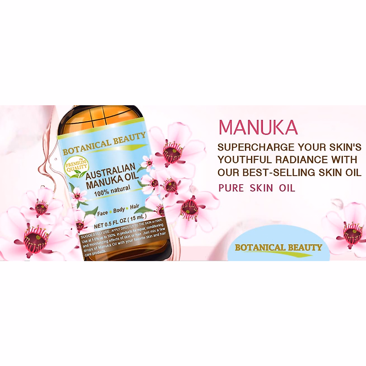 MANUKA OIL WILD GROWTH RAW 100% Natural VIRGIN UNREFINED Cold Pressed Carrier Oil. for Skin, Face, Hair, Lip and Nail Care 0.5 Fl.oz.- 15 ml by Botanical Beauty
