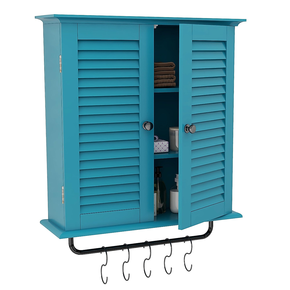 TaoHFE Bathroom Cabinet Wall Mounted Turquoise Designer Bathroom Wall Cabinet Medicine Cabinet with Double Shutter Doors 3 Tier Adjustable Shelf with Towel Rack Over The Toilet Storage Cabinet Laundry