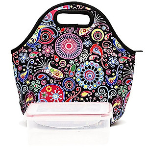 Neoprene Insulated Lunch Bag For Women Cooler Lunch Box For Adult Waterproof Lunch Tote Bag - Black Flower