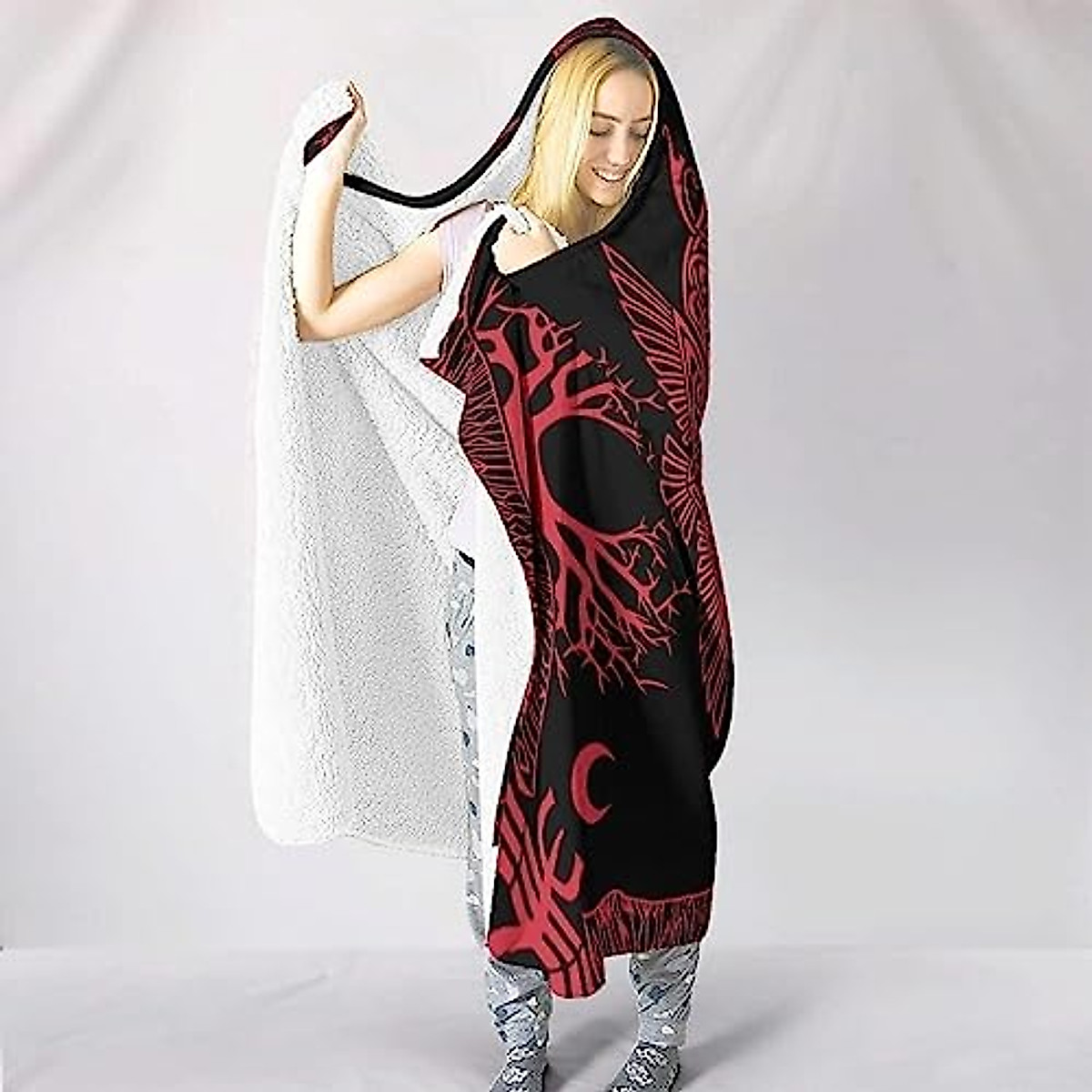 Norse Mythology 3D Printing Hooded Blanket Warm Soft Raven Tree Of Life Rune Unisex Winter Wearable Hooded Blanket Double Thick Plush Wool Blanket Cape ( Color : Blanket , Size : 80x60in/150x200cm )