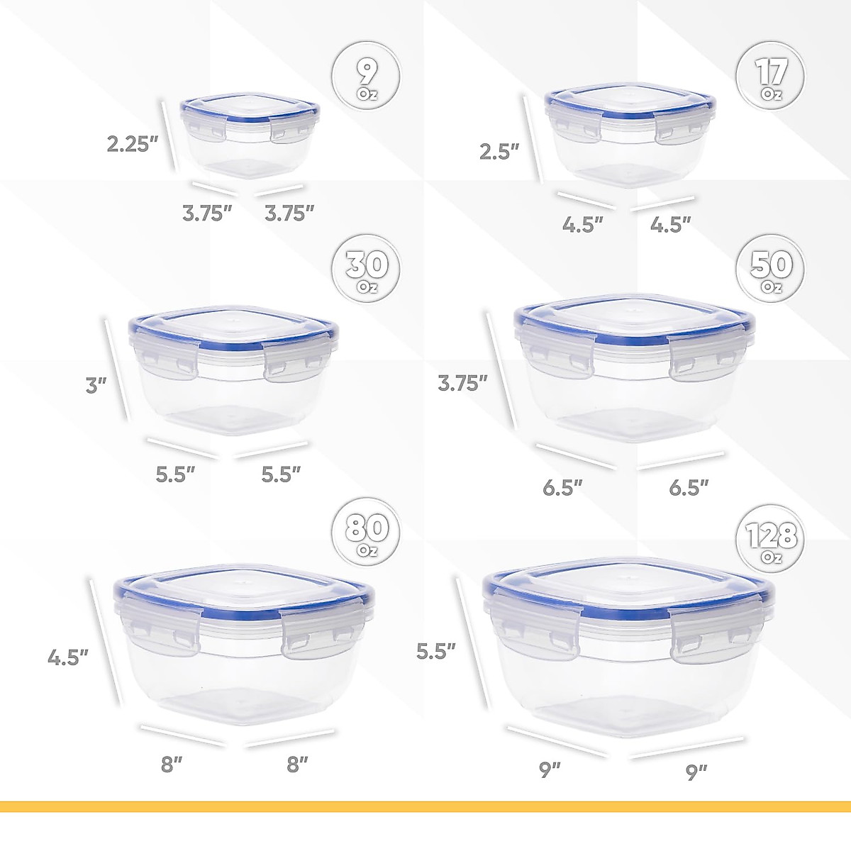 Superio Sealed Plastic Food Storage Container - Airtight, Leakproof Meal Prep Containers with Easy Snap Lid- Microwave and Freezer Safe- Square (6)