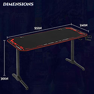 FDW Computer Desk Gaming Desk 55 inches Home Office Desk with Headphone Hook Cup Holder and Socket Rack Full-Surface Mouse Pad Gamer Workstation for Adult Teens,Black