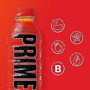 PRIME Hydration TROPICAL PUNCH | Sports Drinks | Electrolyte Enhanced for Ultimate Hydration | 250mg BCAAs | B Vitamins | Antioxidants | 2g Of Sugar | 16.9 Fluid Ounce | 12 Pack