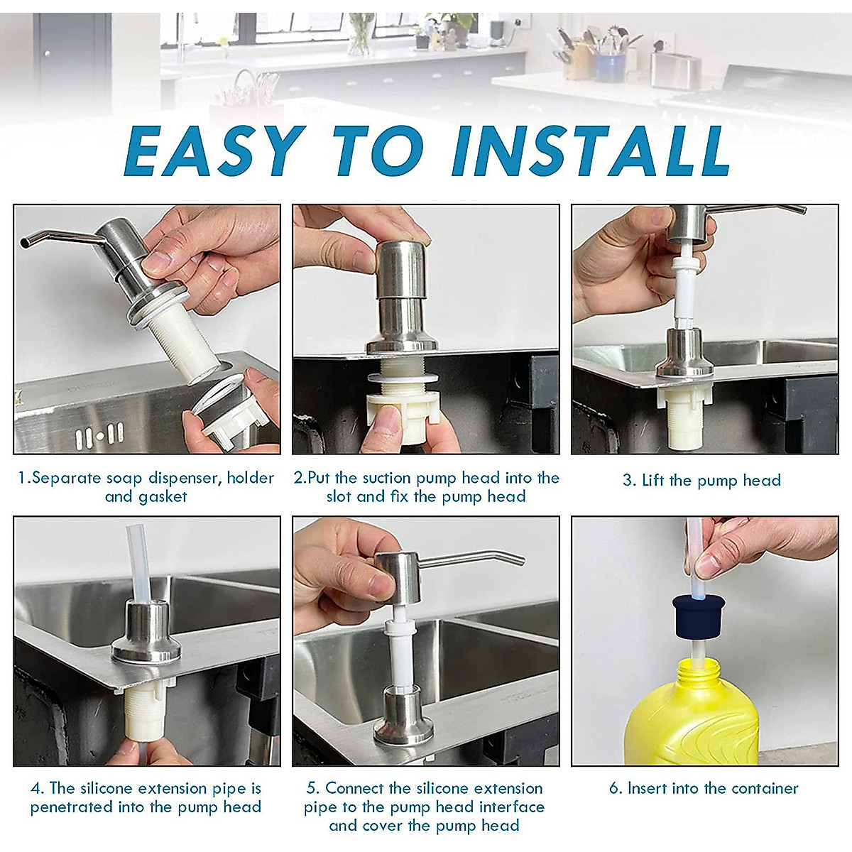 ONMUST Soap Dispenser for Kitchen Sink, Built in Soap Dispensers with 40 Inches Tube Connects Directly to Soap Bottle, No More Frequent Refills, Countertop Soap Dispenser Pump with 500ML Bottle