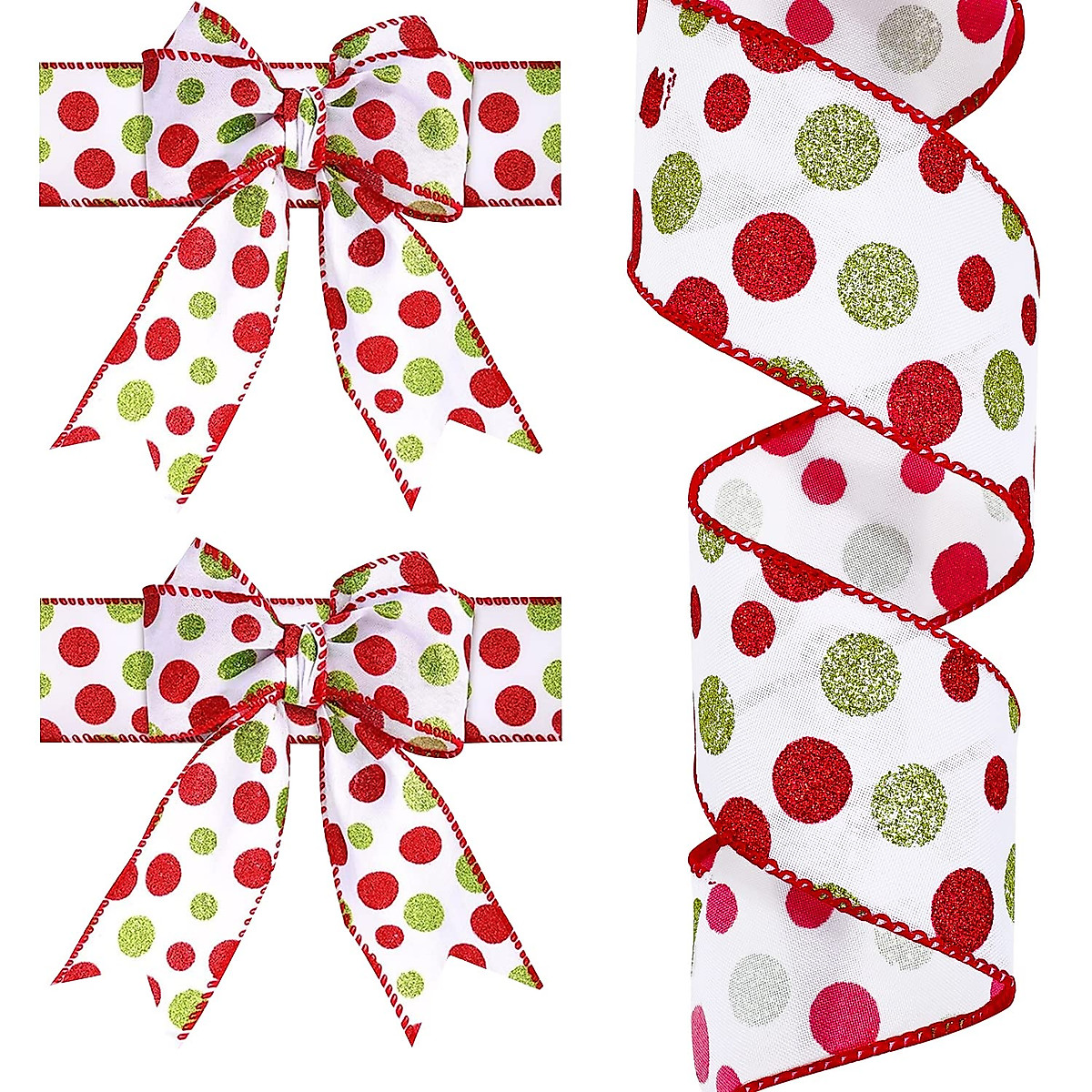 2 Rolls Christmas Ribbons Polka Dot Ribbon Wired Glitter Christmas Wired Ribbons Burlap Decorative Ribbons for DIY Craft Wreath Bows (Green, Red, 2.5 Inch x 6 Yard Per Roll)