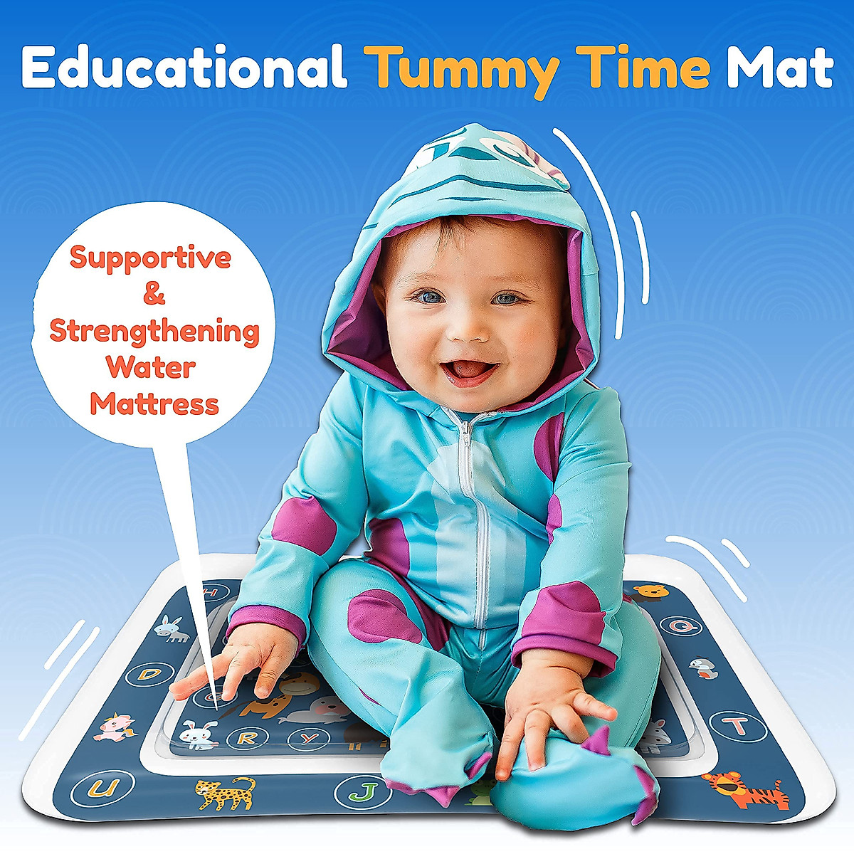 SplashEZ Water Mat for Babies – Inflatable Tummy Time Water Play Activity Mat with Animals & Letters Stimulates Brain Development – BPA-Free, Sensory Baby Boy & Girl Mats, 26x20x2.5 in.