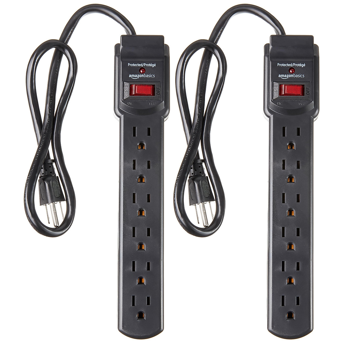 Amazon Basics 6-Outlet, 200 Joule Surge Protector Power Strip, 2 Foot, Black - Pack of 2
