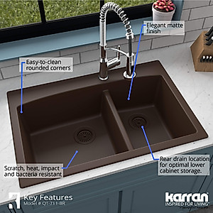 Karran QT-711 Drop-In Quartz Composite 33 in. 1-Hole 60/40 Double Bowl Kitchen Sink Kit in Brown