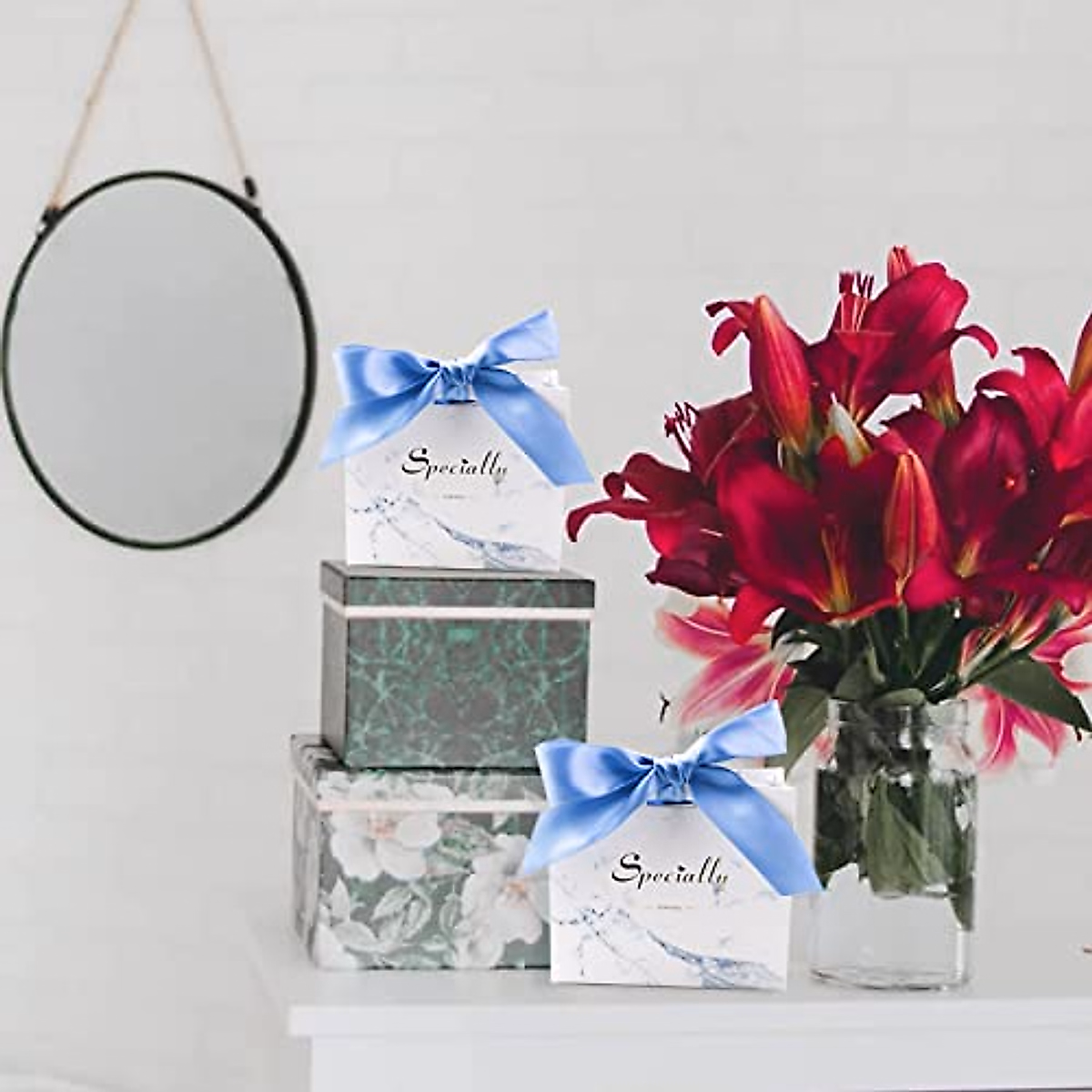 BadenBach 24 Pack Small Thank You Gift Bags with Bow Ribbon,Party Favor Bag Candy Gift Treat Box Wedding Baby Shower Smalll Business Party Supplies(4.5" x 1.8" x 3.9") (Marble Blue)