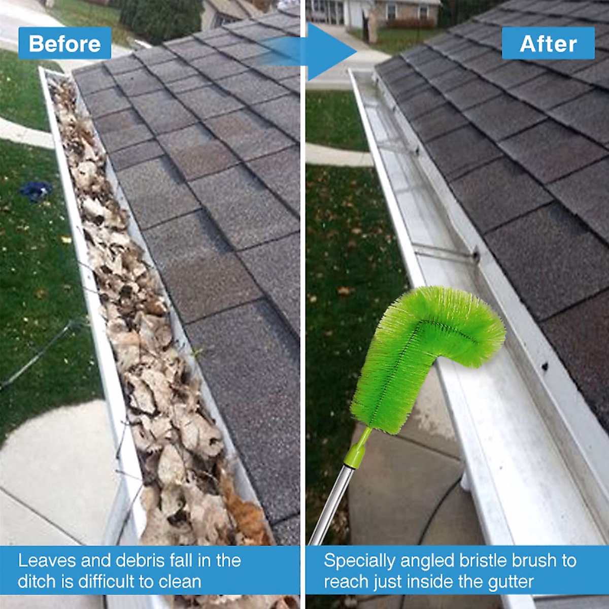 Dolymoly Gutter Cleaning Brush, 8.5Ft Gutter Cleaning Tools from Ground Gutter Cleaning Pole, Roofing Tool Rain Gutter Guard Cleaner Tool, Easy Remove Leaves and Debris from The Ground (2 Brush Heads)