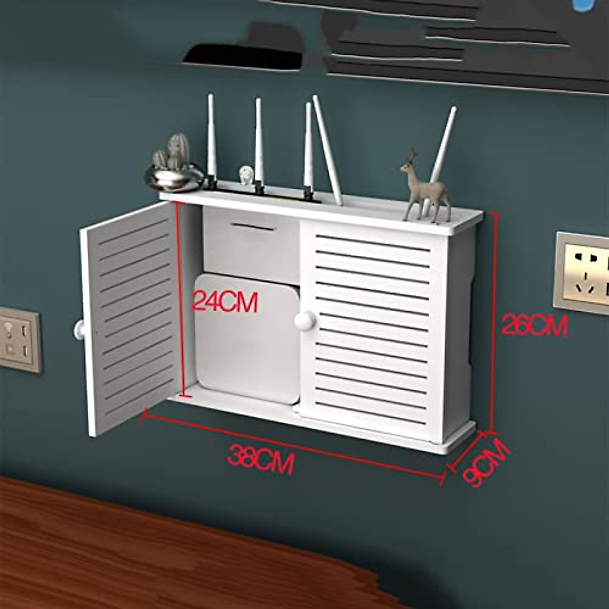 HTTDD Wireless Router Storage Box, WiFi Router Storage Boxes Wooden Box Cable Power Plus Wire Bracket Wall Hanging Plug Board Storage Shelf