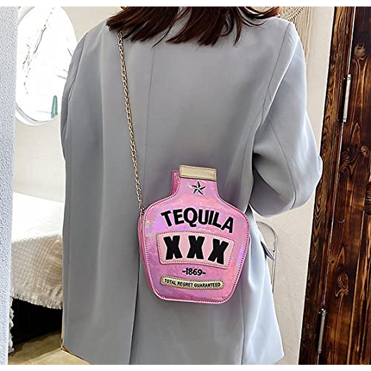 QZUnique Laser Handbag Women's PU Sequins Bucket Bag Embroidery Crossbody Bag Zipper Closure Shoulder Bag