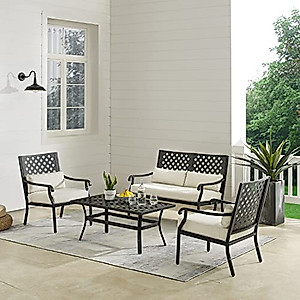 Crosley Furniture Alistair 4-Piece Outdoor Loveseat Patio Furniture Set, Conversation Sets for Porch, Deck, Matte Black with Creme Cushions