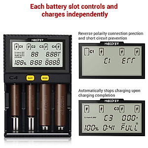 MiBOXER 18650 Battery Charger, Smart Universal 4-Bay Charger, Automatic LCD Display,Fast Charging Rechargeable Li-ion LiFePO4 Ni-MH Ni-Cd AA AAA C 18350 18500 18700 20700 21700 26650 RCR123