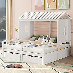 Merax Two Twin Size House Platform Beds with Large Drawers, Space Saving, No Box Spring Needed, White