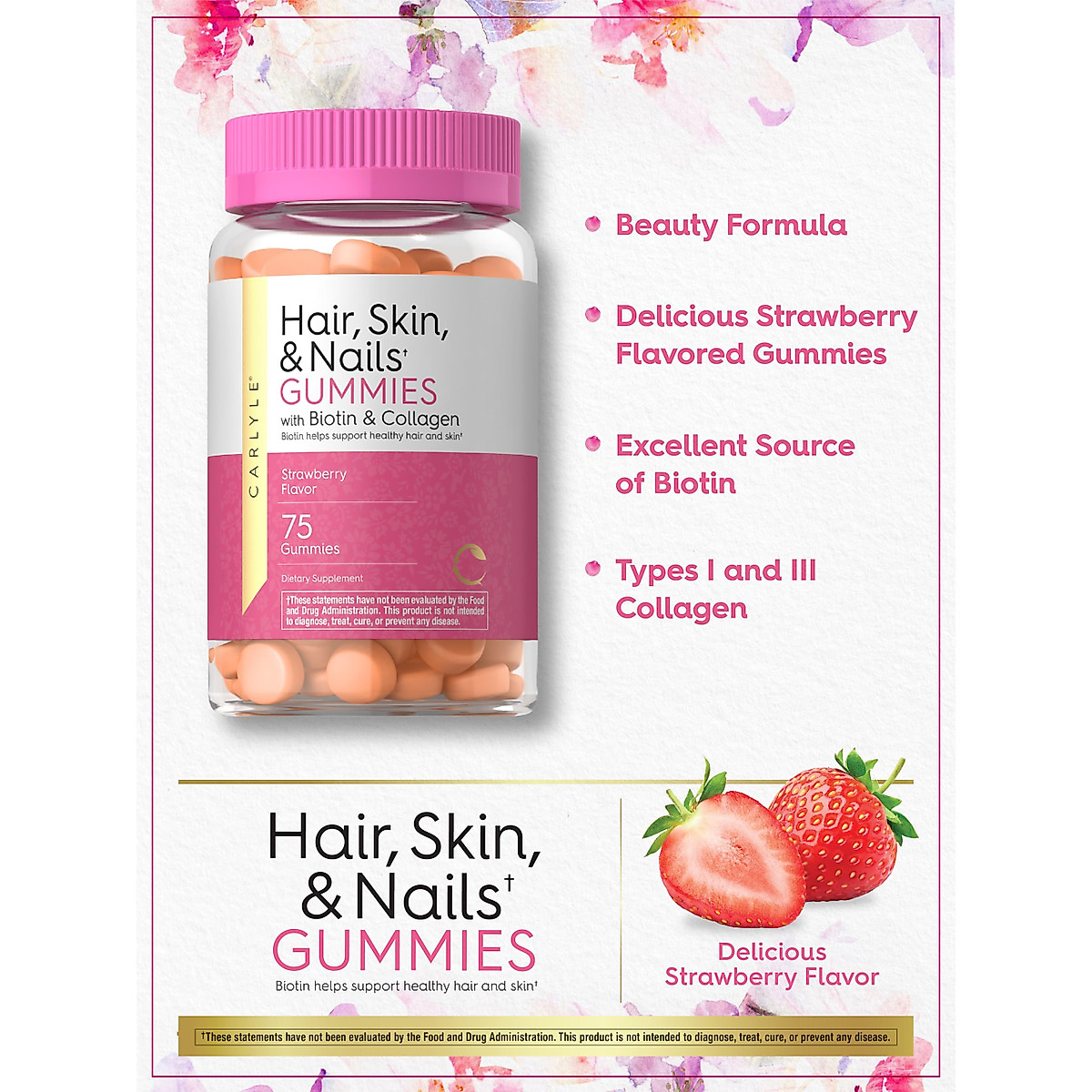 Carlyle Hair Skin and Nails Vitamins | 75 Gummies | with Biotin and Collagen | Gummy Supplement for Women | Strawberry Flavor | Non-GMO, Gluten Free
