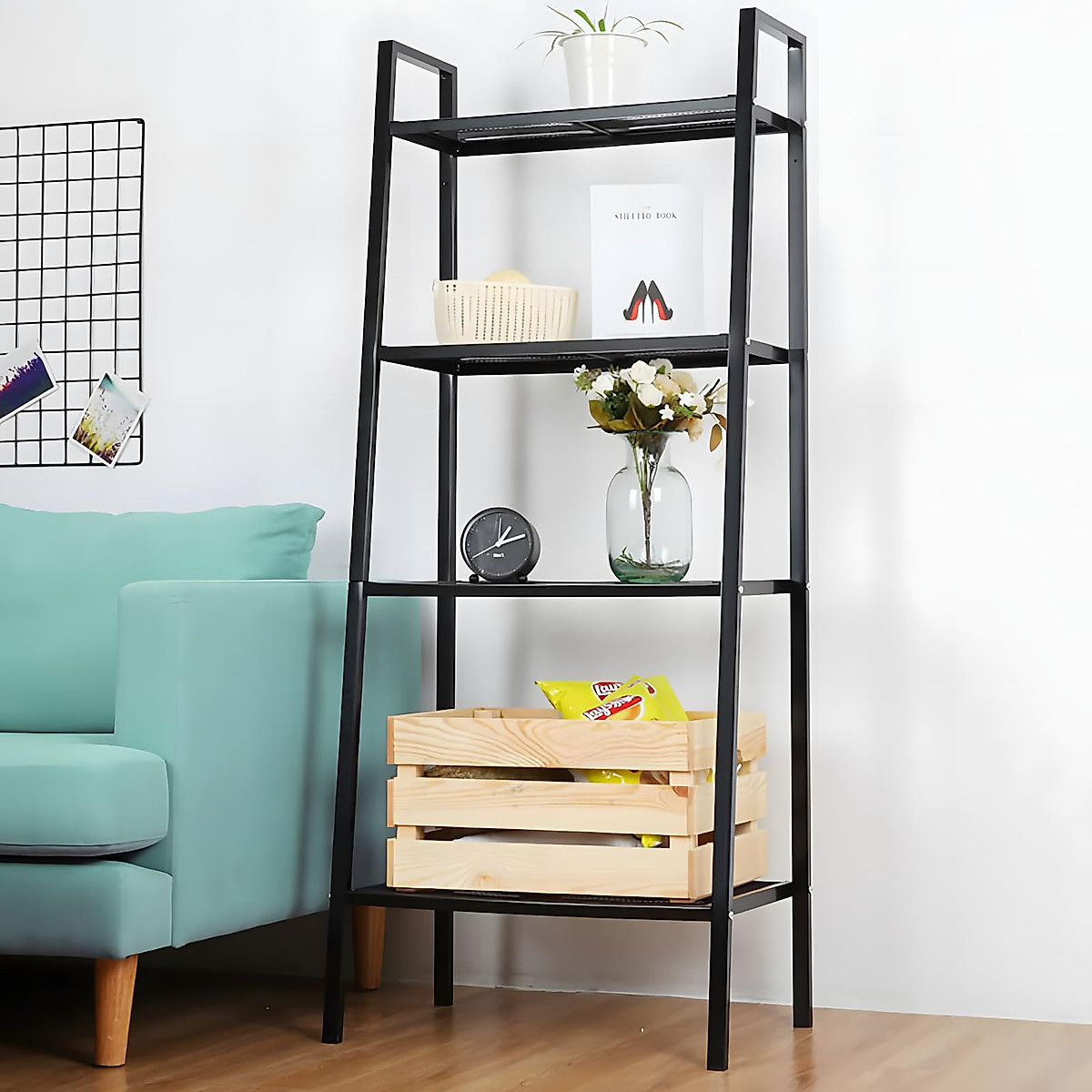WillingHeart Ladder Shelf 4-Tier Bookshelf Plant Flower Stand Storage Rack Industrial Organizer Modern Shelves Shelving Bookcase Iron Stable Metal Frame Furniture Home for Living Room Kitchen Office