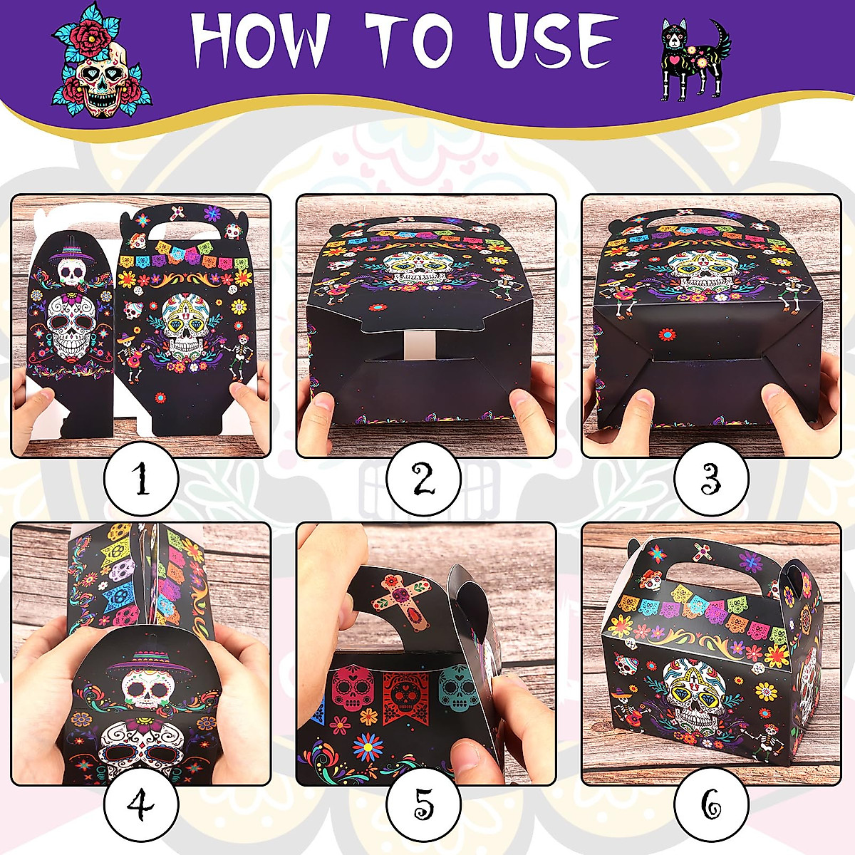 HOWAF Halloween Dia De Los Muertos Gift Boxes,12 pcs Day of The Dead Sugar Skull Treat Boxes for Dia De Los Muertos Mexican Themed Party Decoration Supplies