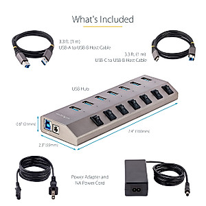 StarTech.com 7-Port Self-Powered USB-C Hub with Individual On/Off Switches, USB 3.0 5Gbps Expansion Hub w/Power Supply, Desktop/Laptop USB-C to USB-A Hub, USB Type C Hub w/BC 1.2 (5G7AIBS-USB-HUB-NA)