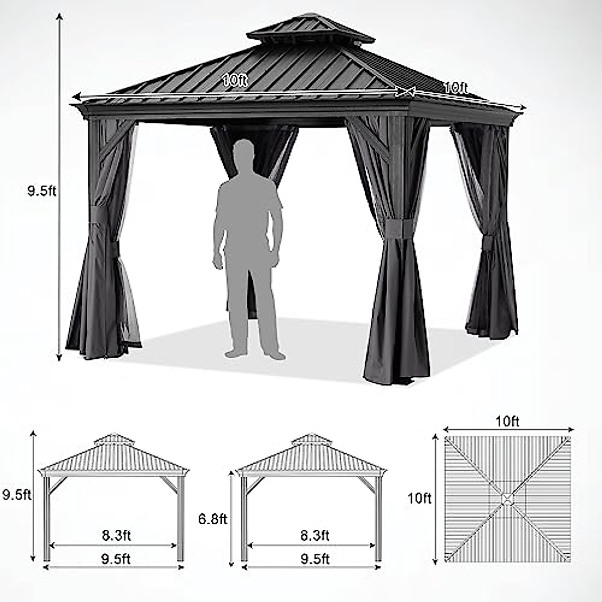 ABCCANOPY 10x10 Hardtop Gazebo - Outdoor Permanent Gazebo with Galvanized Steel Double Roof, Aluminum Pavilion with Netting and Curtain for Patio, Lawn, Garden (Double Roof, Gray)