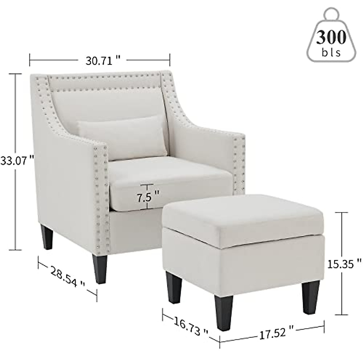 kinmars Accent Chair with Ottoman Comfy Upholstered Living Room Chair Bedroom Chair for Room Reading Chair Mid Century Modern Arm Chair and Storage Ottoman Set (Beige) F0804