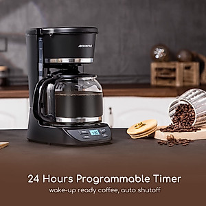 Aigostar 12 Cup Programmable Coffee Maker with Glass Carafe Pot, 24H Timer and Anti-Drip System, 2H Keep Warm with Auto-Shut Off, Electric Coffee Maker, Black