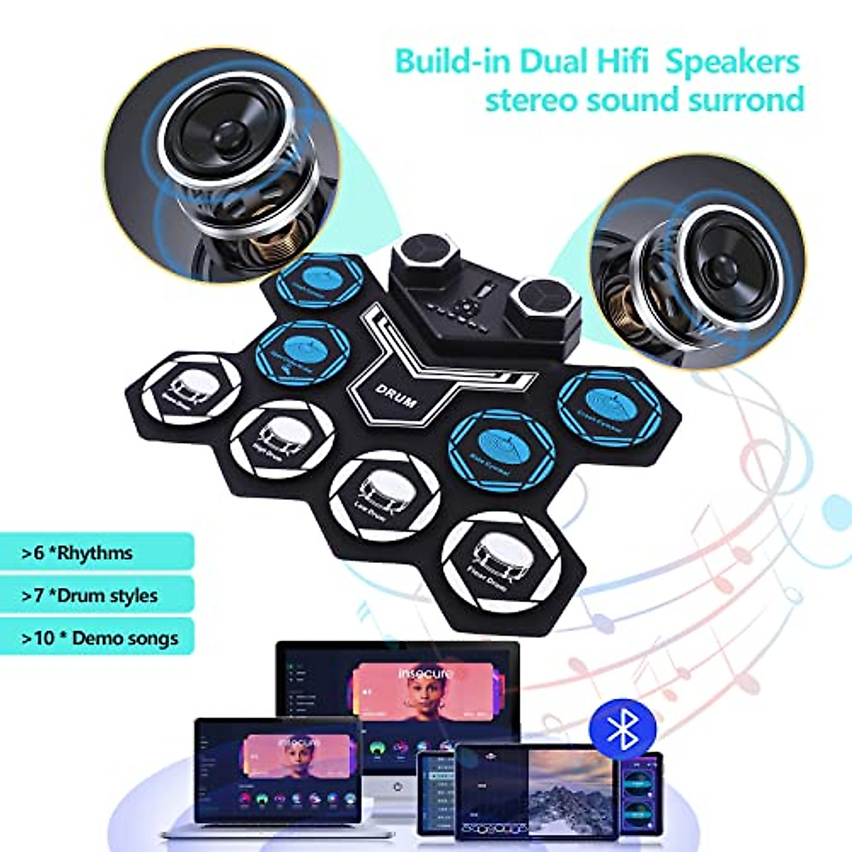 Electronic Drum Set for Adults, Gimigo Electronic Drum Pad with Multicolor LED Digital Display Hand Roll-Up Drum Kit 9 Silicon Durm Pad Built-In Stereo Speaker Bluetooth, MIDI for Kids Beginners