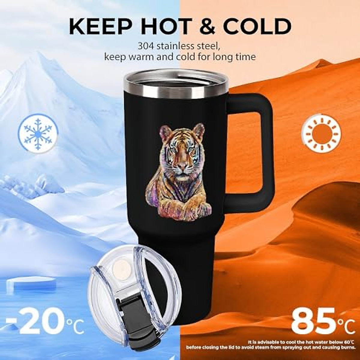 Glitter Tiger Insulated Tumblers with Handle Stainless Steel Coffee Mug Funny Travel Cup with Lid Straw 40oz