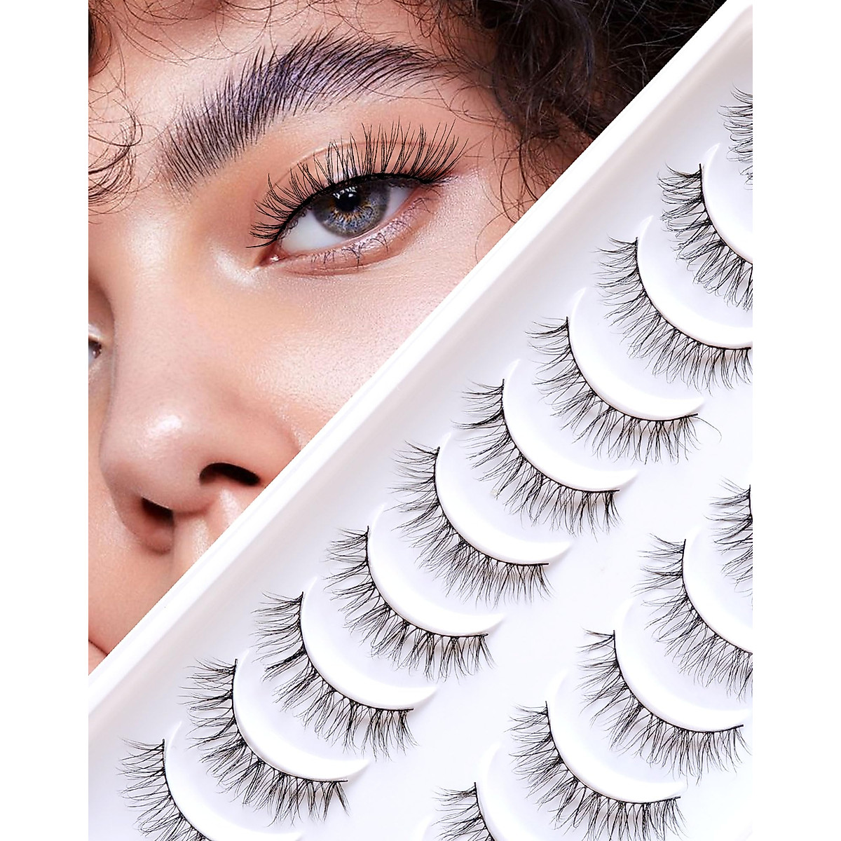 Lashes Natural Look, Wispy Eyelashes, Jiocolor False Eyelashes Natural Look, Fluffy Fake Mink Lashes,12 mm Strip Lashes 10 Pairs D1