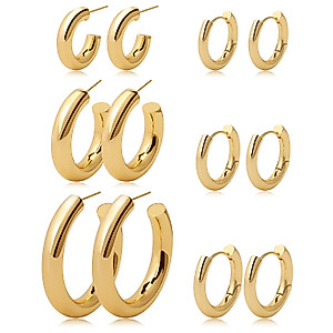 6 Pairs Gold Hoop Earrings Set 14k Gold Plated Huggie Earrings Hypoallergenic Chunky Twisted Thick Jewelry for Multiple Piercing Christmas Gift for Women (6 pairs gold hoop style-04)