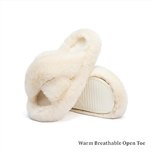 Chantomoo Women's Cross Slippers Memory Foam House Bedroom Slippers for Women Fuzzy Plush Comfy Faux Fur Lined Slide Shoes Anti-Skid Sole Trendy Gift Slippers Beige Size 9 10 8.5