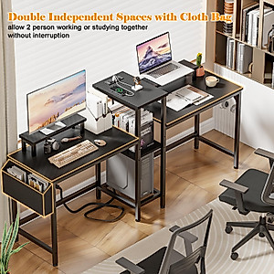 Furologee 2 Person Gaming Desk with LED Lights, 71 Inch Computer Desk with Power Outlets and Monitor Stand, Double Desk with Storage Bag and Headphone Hooks, Study Writing Table for Home Office, Black