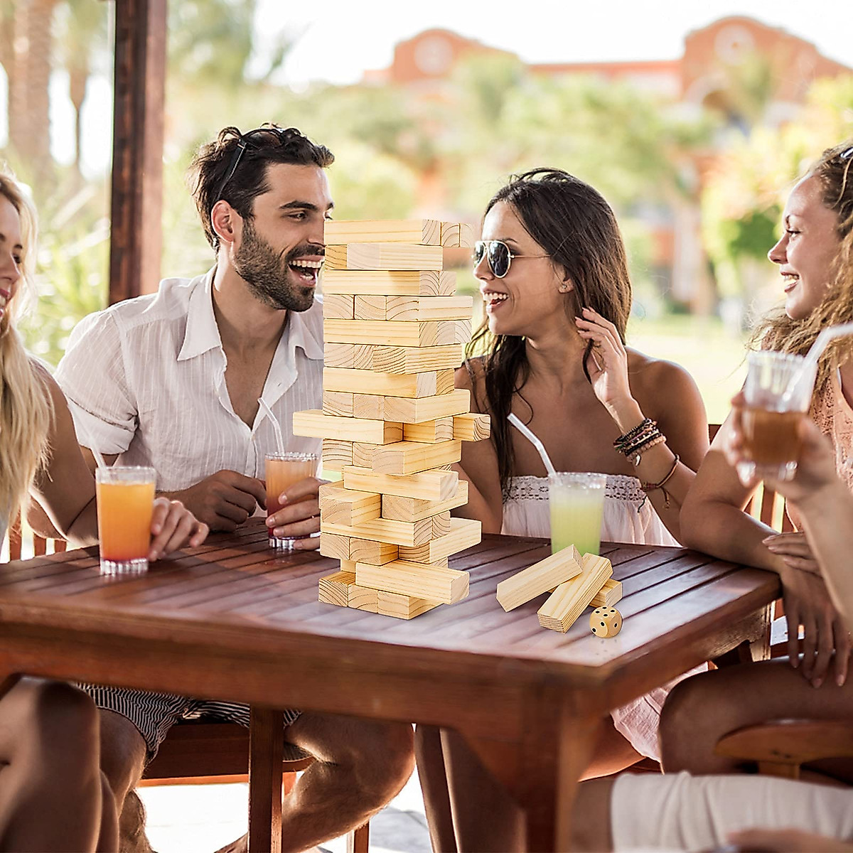 Costzon Giant Tumbling Timber Toy, 54PCS New Zealand Pine Wooden Block Stacking Game w/Carrying Bag, Attached Dice, Curved Edge, Yard Tower Game Fits Kid & Adult for Parties & Gathering Playing