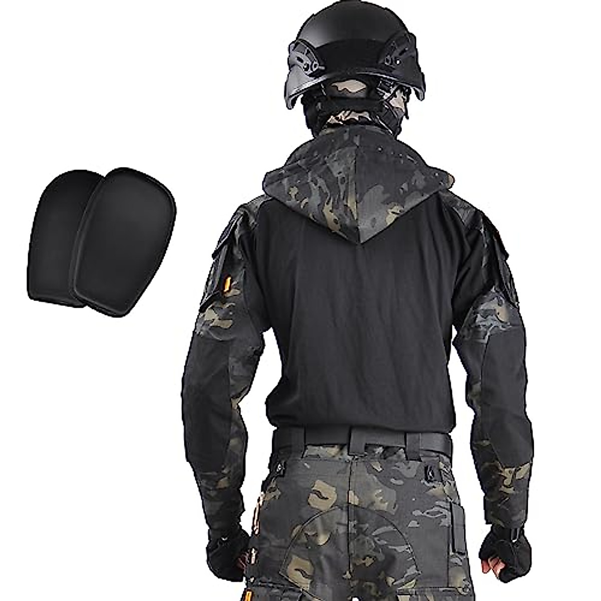 HAN·WILD Men's Tactical Shirt Combat Airsoft Long Sleeve Shirts with Elbow Pads Camo Military T-Shirt with Hood