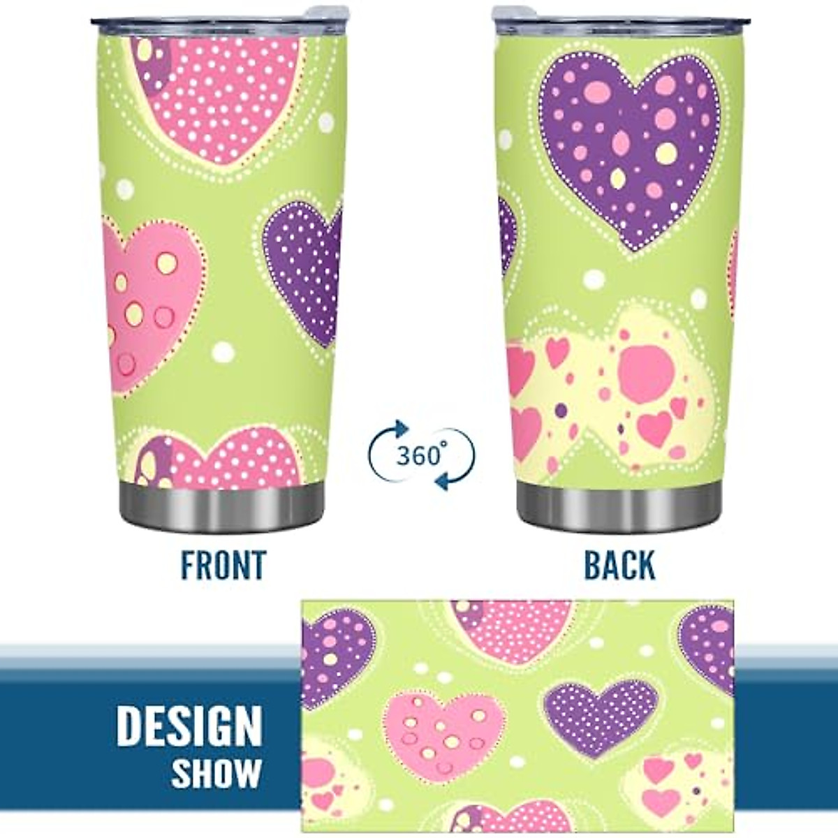 QWEUIOP 20oz Insulated Travel Coffee Mug Colorful Hearts Pattern Stainless Steel Tumbler with Lid Double Wall Vacuum Coffee Cup For Hot and Cold Drinks14682
