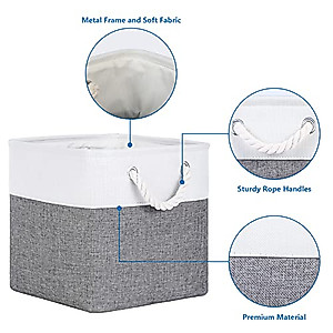 EvanColin Fabric Storage Cubes for Organizing, 11 inch Cube Storage Bin for Shelf, Home, Office, Canvas Storage Cube Bins with Rope Handles, Christmas Baskets for Gifts Empty(White&Grey,4-Pack)