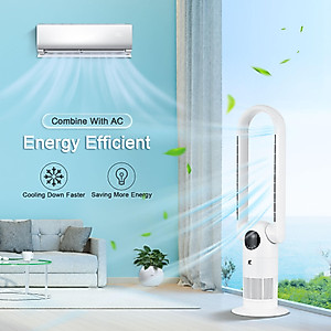 Ocean Loong Bladeless Tower Fan and Air Purifier in one, 90° Oscillating Bladeless Fan with Remote,Tilt Head, 9H Timer, Floor Fans for Bedroom Home, 38.6inch AC68P, White