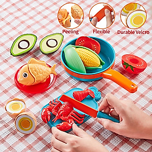 Laugigle Play Kitchen Accessories - 46Pc Kids Kitchen Playset with Kids Pots and Pans Playset, Pizza Toy, Play Food with Play Fruit Veggies, Kitchen Toys, Cooking Utensils Toy, Apron, Boys Girls Gift