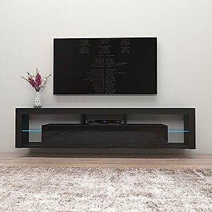 MEBLE FURNITURE & RUGS Milano 200 Floating TV Stand for TVs up to 90", Modern High Gloss 79" Entertainment Center, Wall Mounted TV Media Console with Storage Cabinets and LED Lights