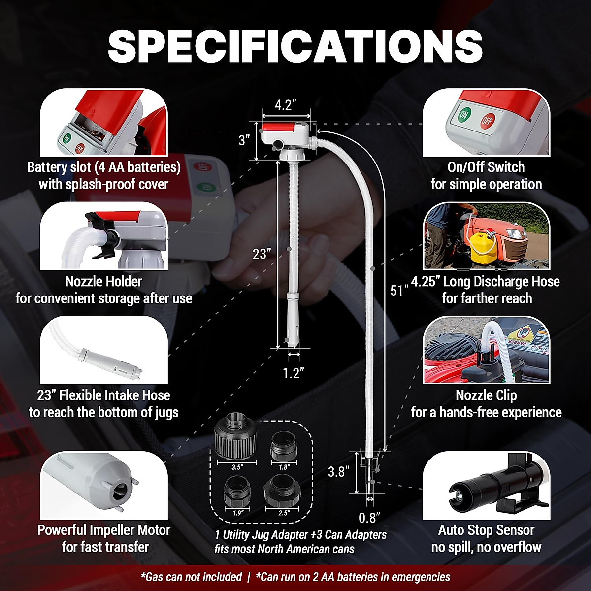 2PK of TERA PUMP TRFA01-XL 4 AA Battery Powered AUTO STOP Pump - Included 4x Gas Can/Racing Can Fittings 4.25ft Long Hose [ 2.3 GPM ] Transfer Rate For Gas Diesel E15 E85 Fuels (Gas Can Not Included)