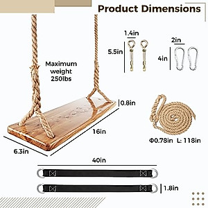 Wooden Tree Swing,Wooden Swing for Adults/Kids 500lb with Load Capacity,Adjustable Hemp Rope Plus Tree Straps 100 inch, Hanging Wooden Swing for Indoor, Outdoor, Garden,Yard,Backyard (Wooden)