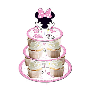 Large 3-Tier Minnie Cupcake Stand 12Inch Cardboard Cupcake Tray for Wedding Birthday Baby Shower Minnie Birthday Party Supplies