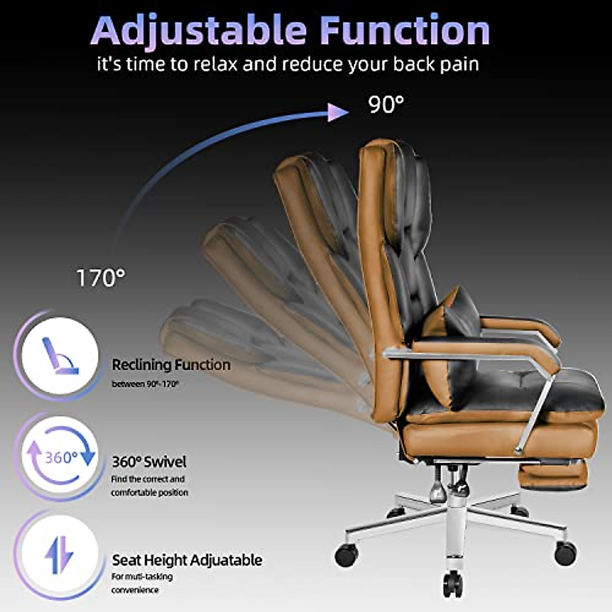 SeekFancy Reclining Office Chair with Footrest O203, Big and Tall Office Chair 500lbs Wide Seat with 170° Backrest, High Back Large Executive Office Chair Lumbar Support，Black Leather Managerial Chair