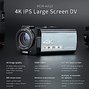 ORDRO 4K Camcorder Video Camera New 1080P 60FPS 30X Digital Zoom Vlog Camera IR Night Vision WiFi Camcorder with Mic, Wide Angle Lens, Handheld Holder, 64GB SD Card