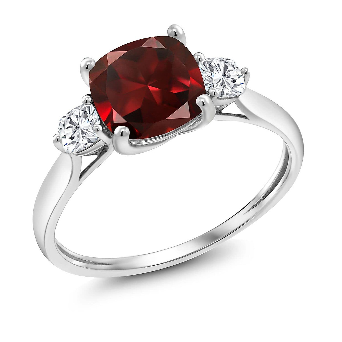 Gem Stone King 10K White Gold Red Garnet and White Moissanite 3 Stone Engagement Ring For Women (2.11 Cttw, Cushion 7MM, Gemstone January Birthstone) (Size 5)