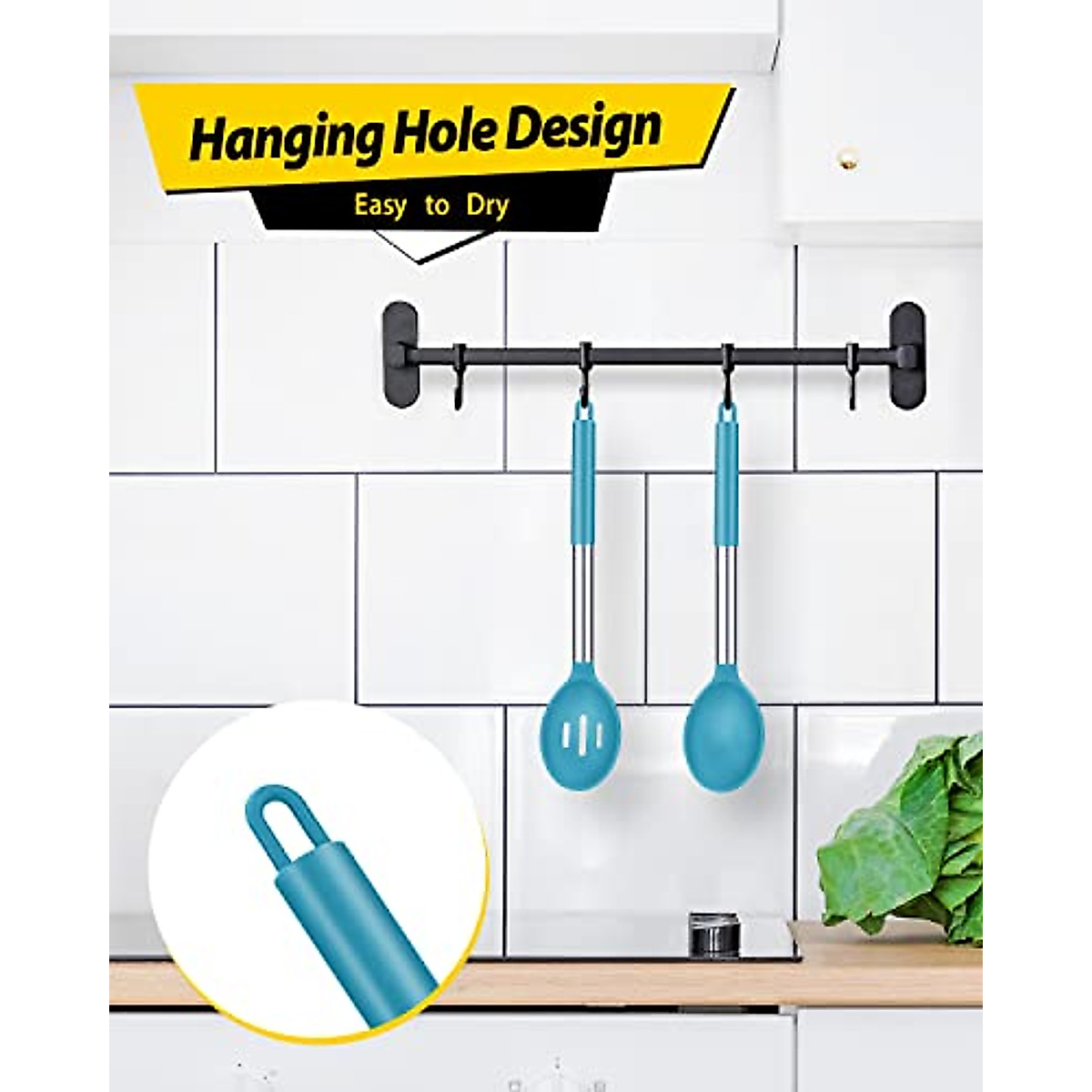 Pack of 2 Large Silicone Cooking Spoons,Non Stick Solid Basting Spoon,Heat-Resistant Kitchen Utensils for Mixing,Serving,Draining,Stirring (BLUE)