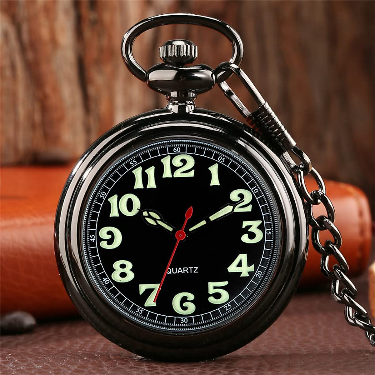 Whodoit Black Shiny Arabic Numeral Men's Quartz Pocket Watch, Pocket Watches Gift Quartz Movement for Men with Chain-Black