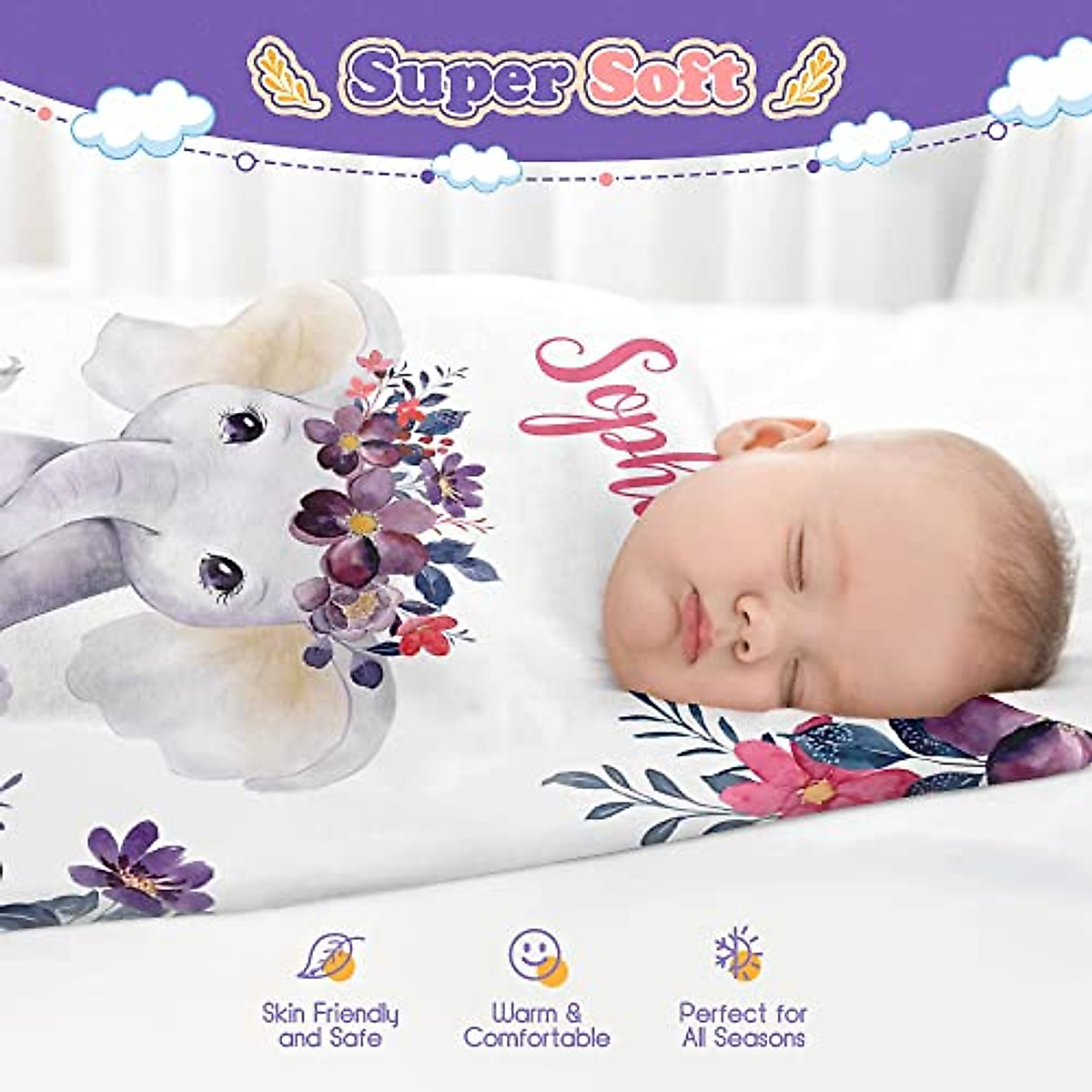 UOZGUY Personalized Elephant Baby Blanket for Baby Girl, Personalized Newborn Girl Gifts with Name, Newborn Baby Girls Blankets Custom, Elephant Baby Name Blanket, 30"x40"