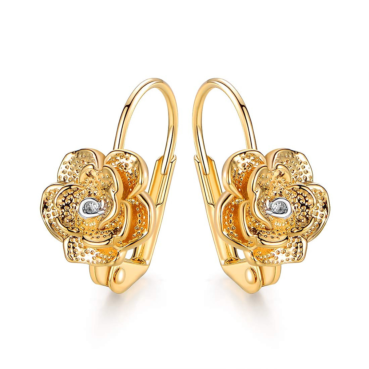 Barzel 18k Gold Plated Flower Earring For Women, Leverback Closure - Made in Brazil